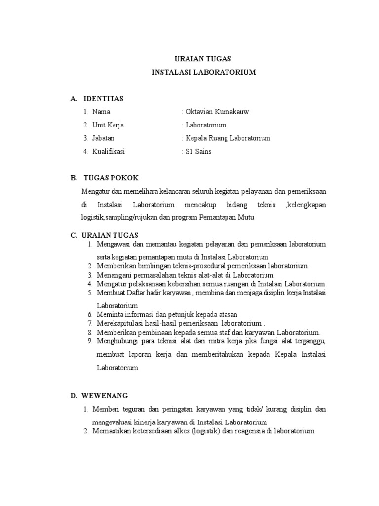 Uraian Tugas Instalasi Laboratorium | PDF