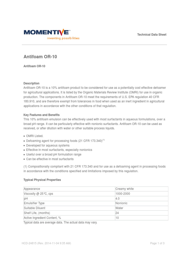 Antifoam OR-10: Technical Data Sheet | Download Free PDF | Emulsion ...