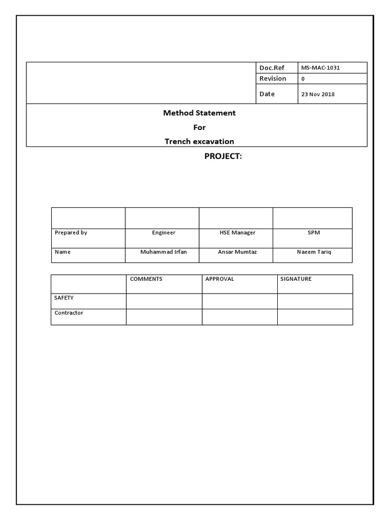 Trench Excavation Method Statement | PDF | Personal Protective Equipment | Risk Assessment