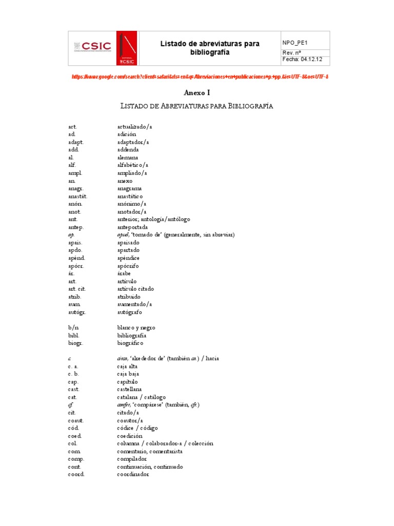 Listado de Abreviaturas para Documentos Científicos CSIC | Publicación ...
