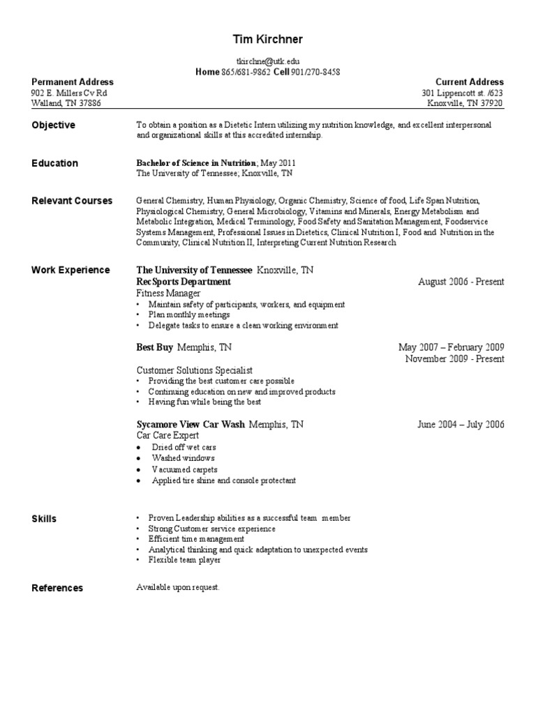 Dietetic Intern Resume of Tim Kirchner | PDF | Dietitian | Health Sciences