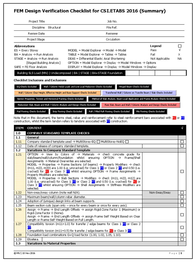 FEM Design Verification Checklist For CSI - ETABS 2016 (Summary) | PDF ...