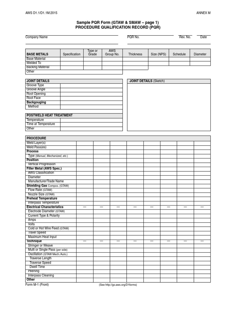 Sample PQR Form (GTAW & SMAW - Page 1) Procedure Qualification Record ...