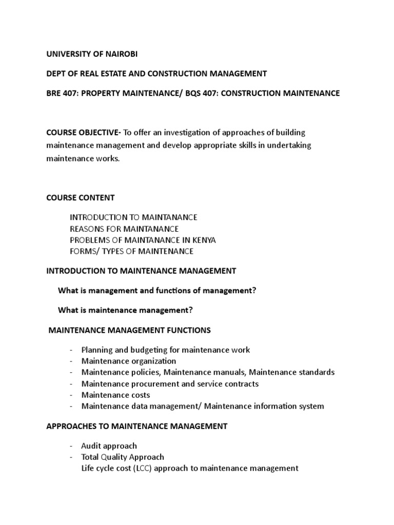 Building Maintenance Management Course | PDF | Resource | Inventory