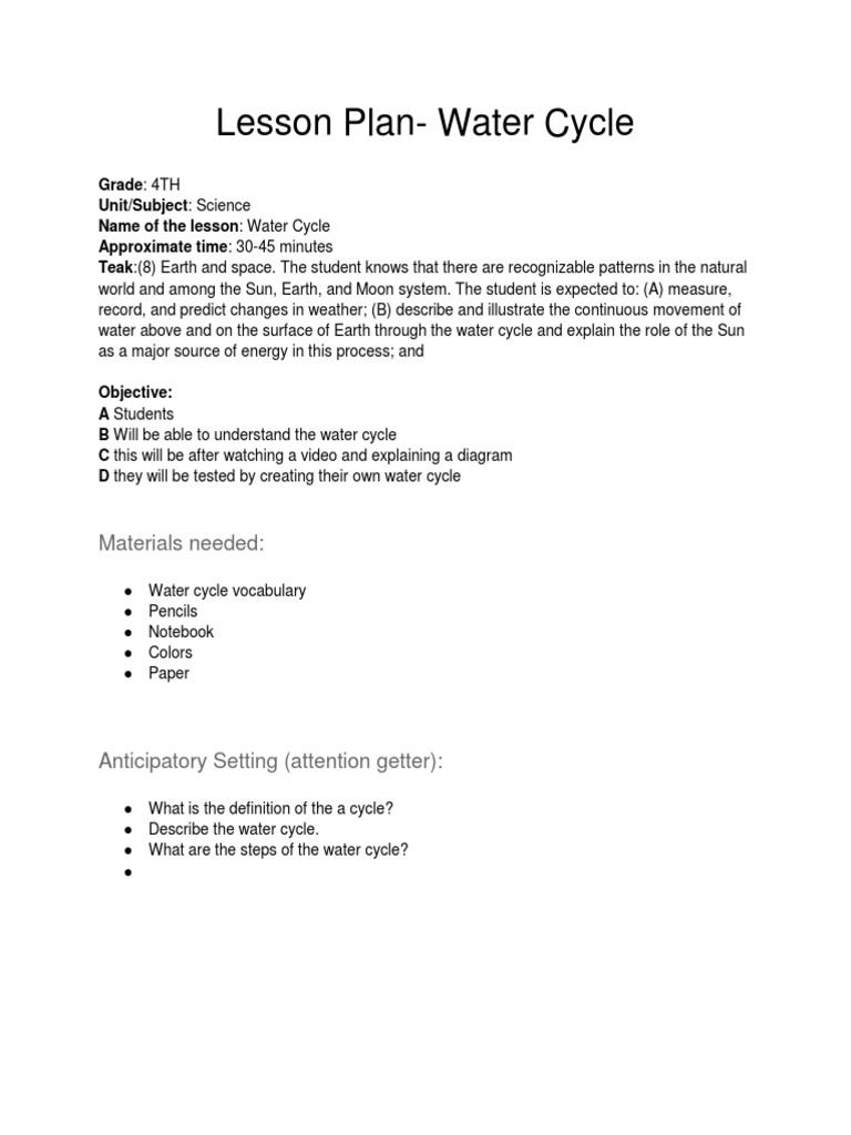 4th Grade Water Cycle Lesson | PDF | Water Cycle | Earth