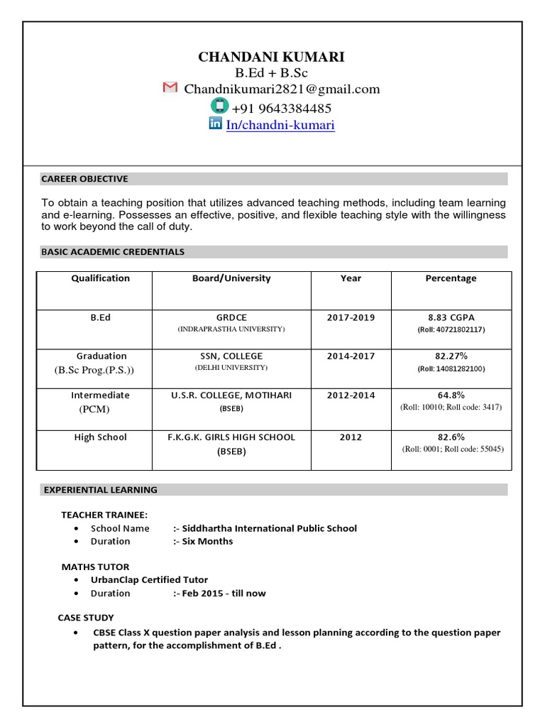 B.ed Graduate Sample Resume | PDF | Change | Behavior Modification