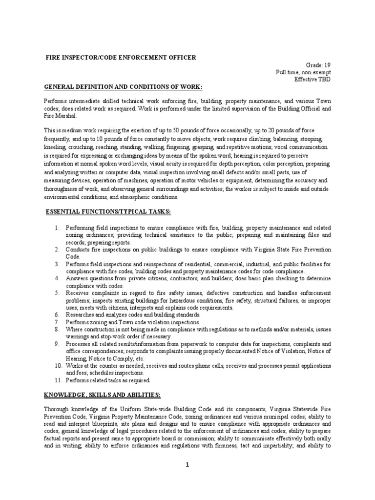 Fire Inspector Job Description | PDF | Fire Safety | Regulatory Compliance