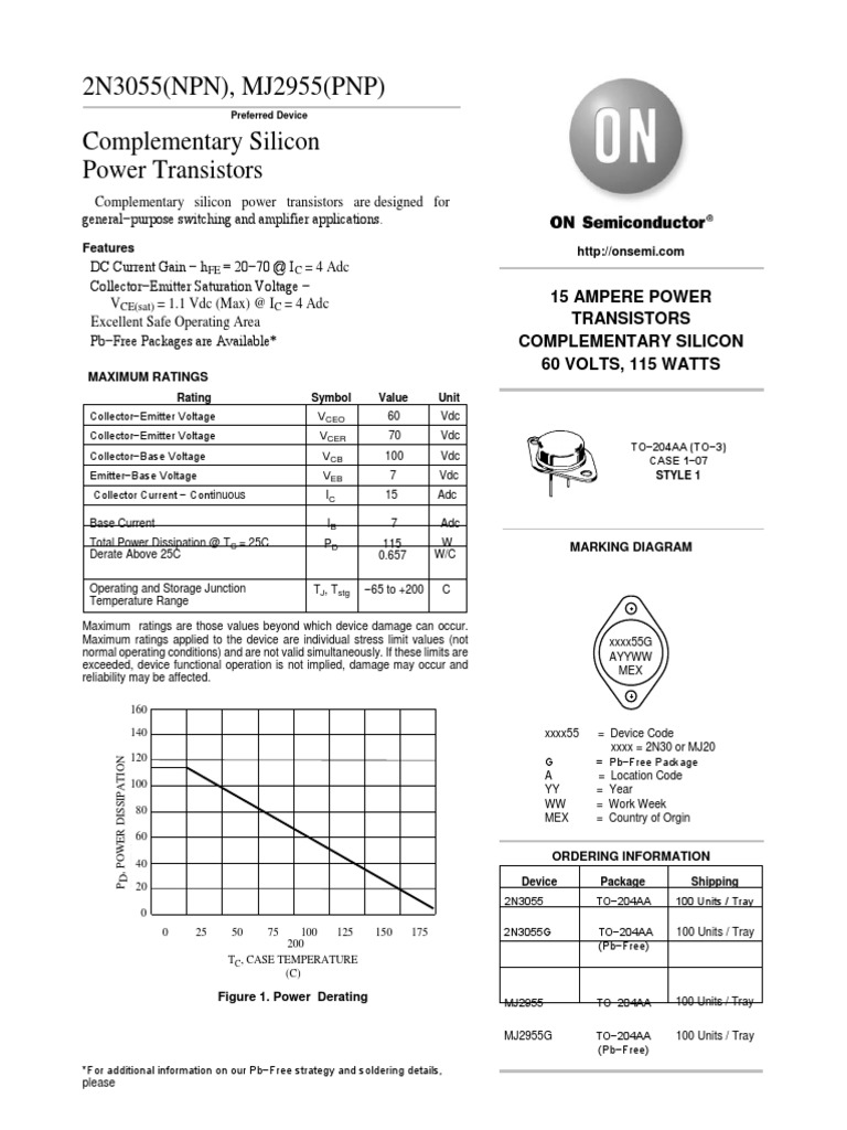 2N3055 (NPN), MJ2955 (PNP) Complementary Silicon Power Transistors ...