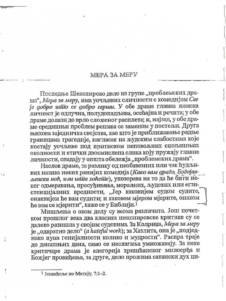 Stvaralaštvo Viljema Šekspira - Mera Za Meru | PDF