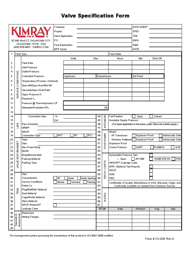 (CS-028) Kimray Valve Specification Sheet | PDF | Valve | Plumbing