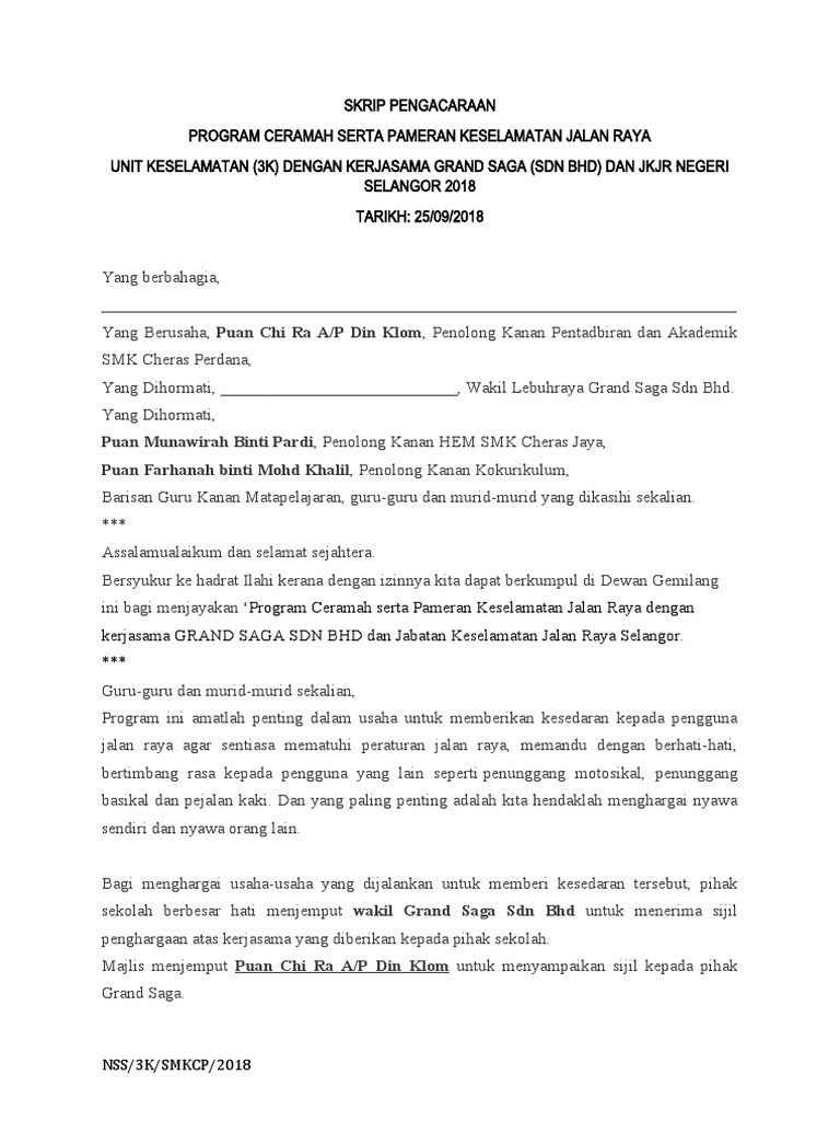 Skrip Pengacaraan Ceramah Keselamatan | PDF