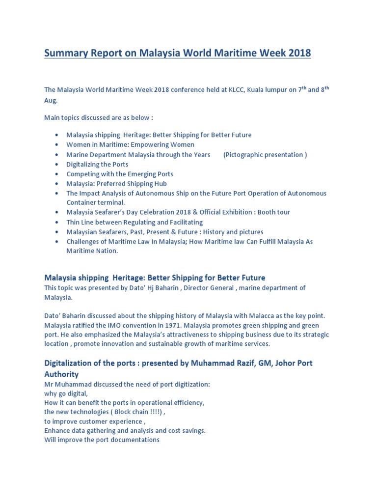 Summary Report On Malaysia World Maritime Week 2018: Malaysia Shipping ...