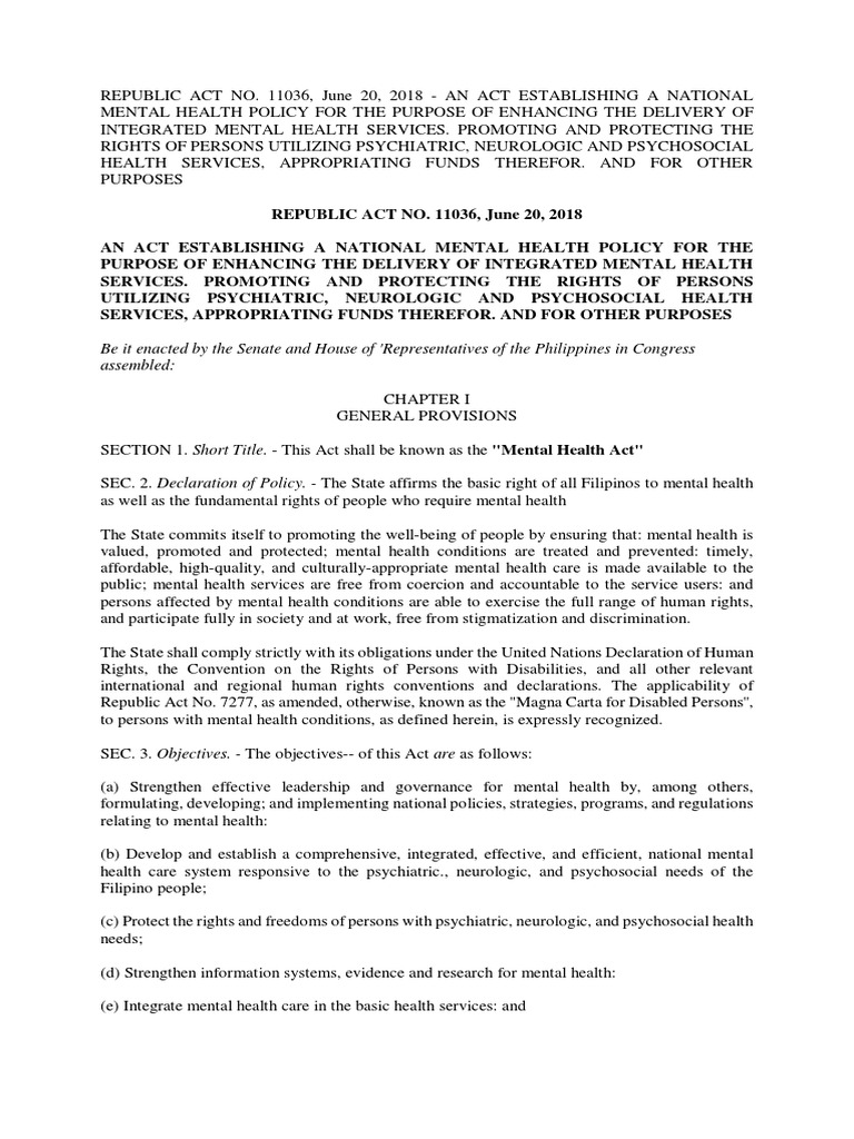 Ra 11036 | PDF | Mental Disorder | Psychiatry