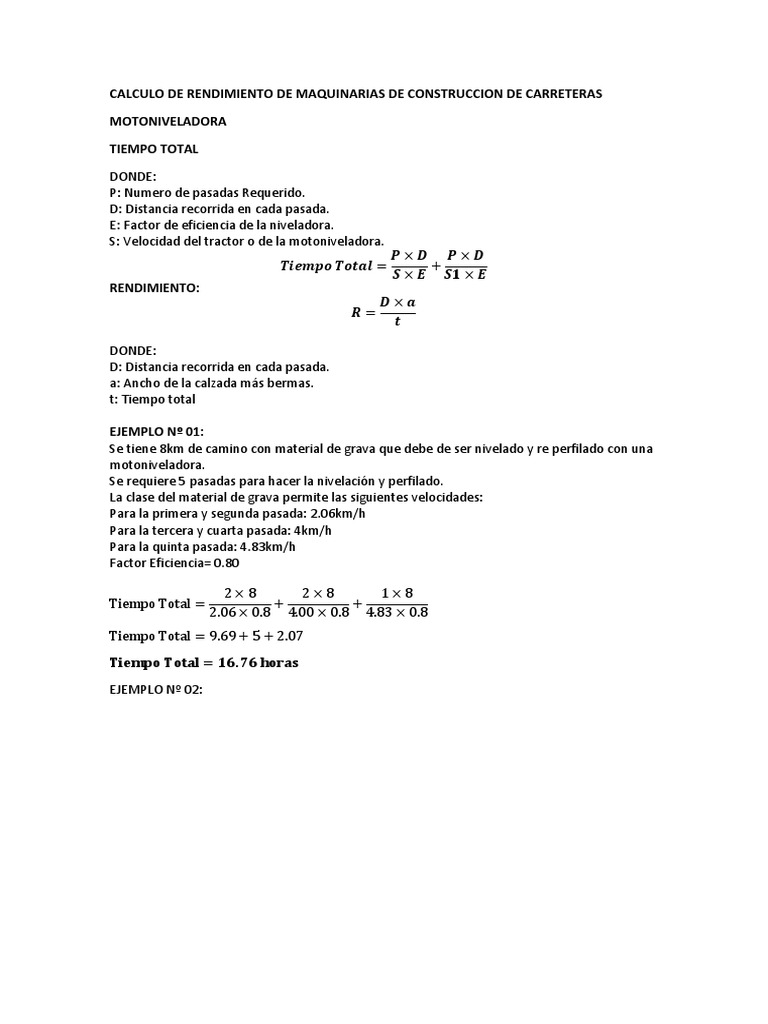 Calculo De Rendimiento De Maquinarias De Construccion De Carreteras Pdf