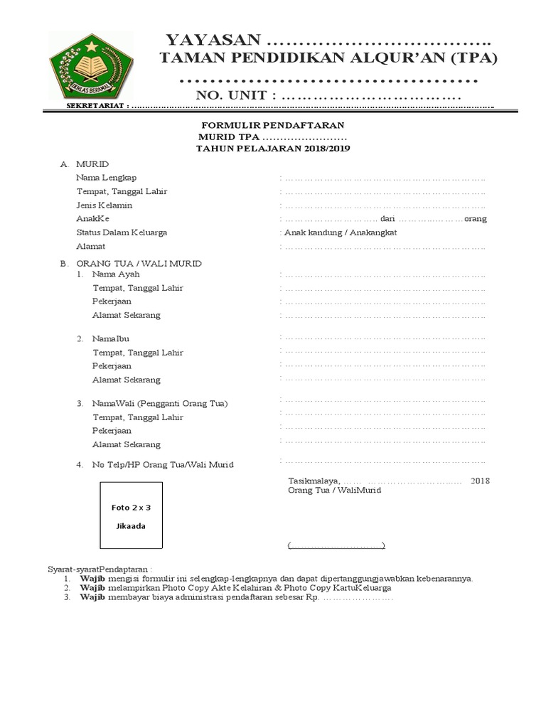 Contoh Format Formulir Pendaftaran TPA | PDF | Karier & Perkembangan