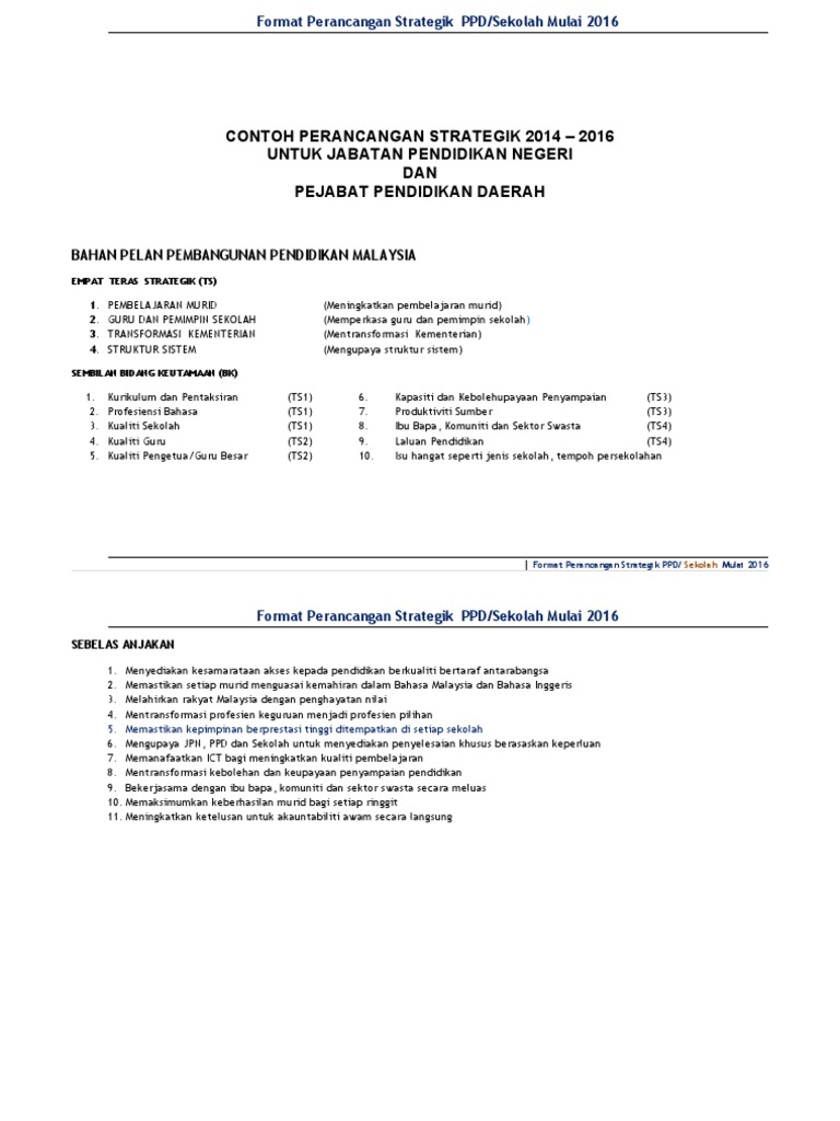 Format Contoh Pelan Strategik PPDB 2016-2020 | PDF