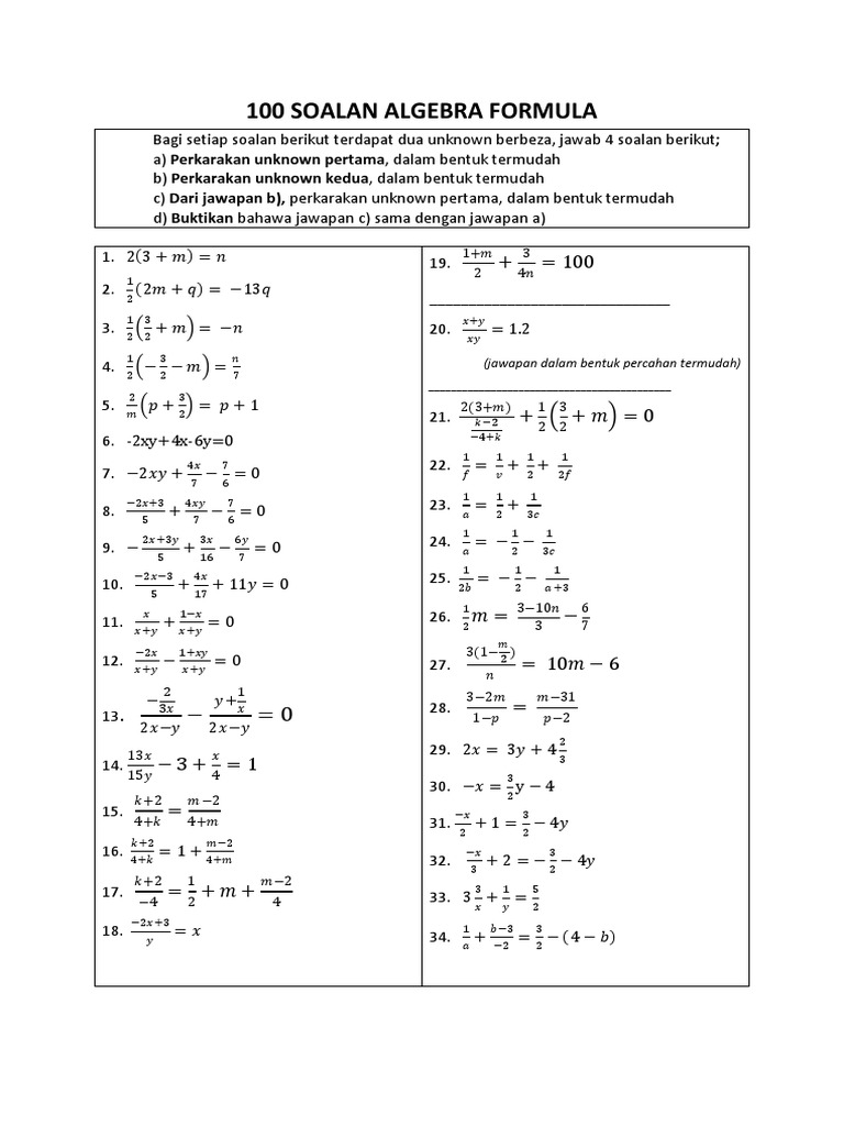 100 Soalan Algebra & Jawapan PDF | PDF