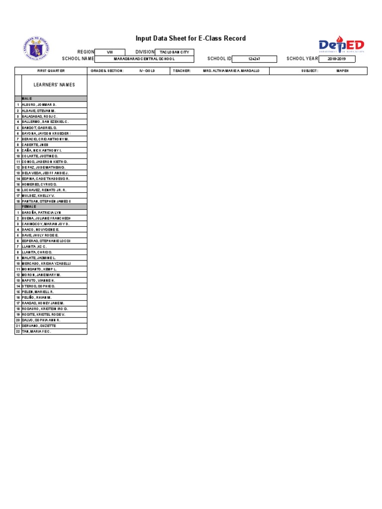Input Data Sheet For E-Class Record: Region Division School Name School Id School Year | PDF ...
