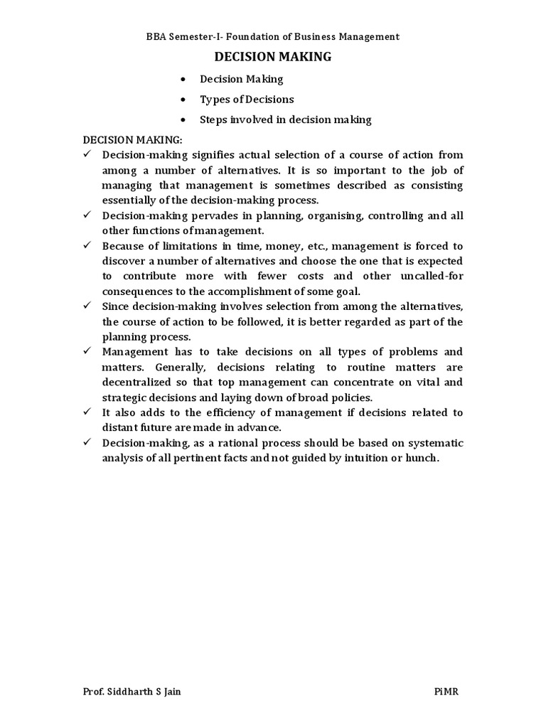 Decision Making: BBA Semester-I-Foundation of Business Management | PDF ...