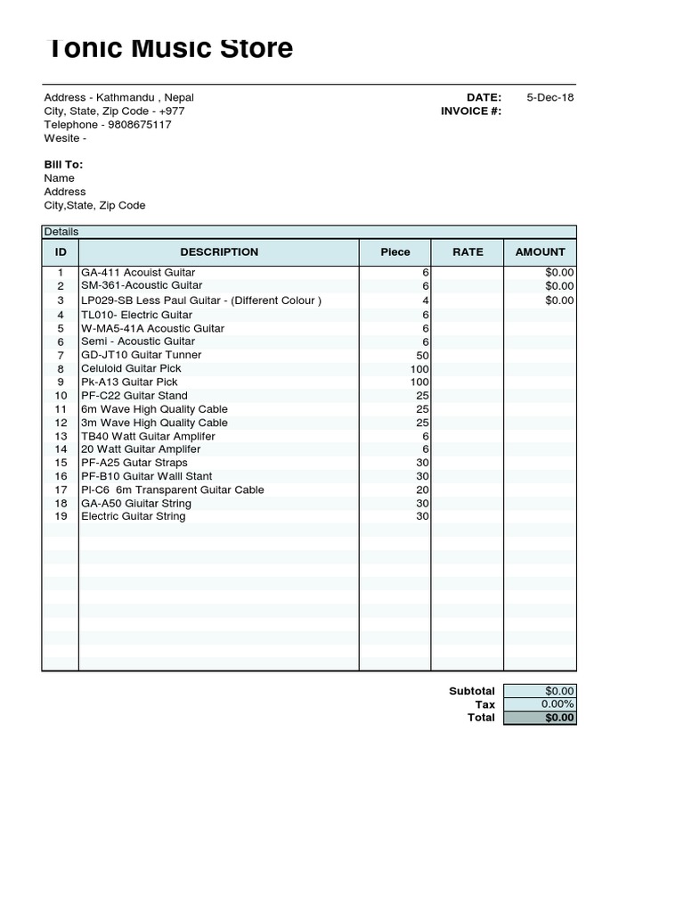 Tonic Music Store: Date: Invoice # | PDF | Guitars | Sound Production