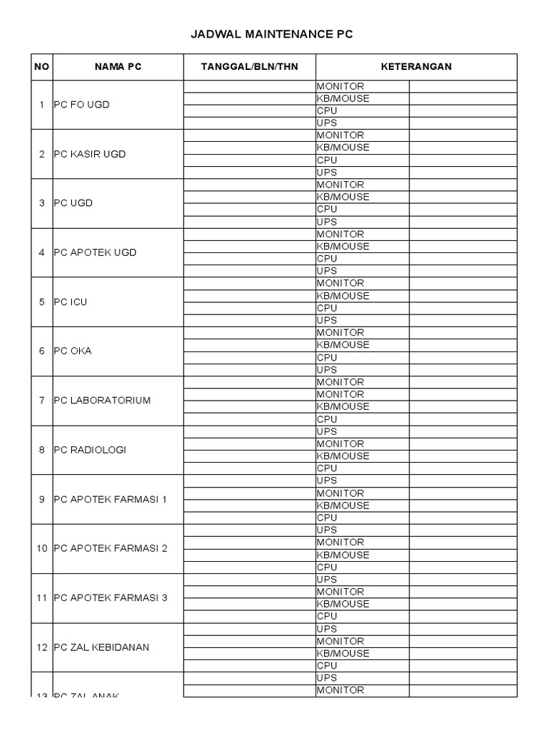 Jadwal Maintenance PC: NO Nama PC Tanggal/Bln/Thn Keterangan | PDF | Computing And Information ...