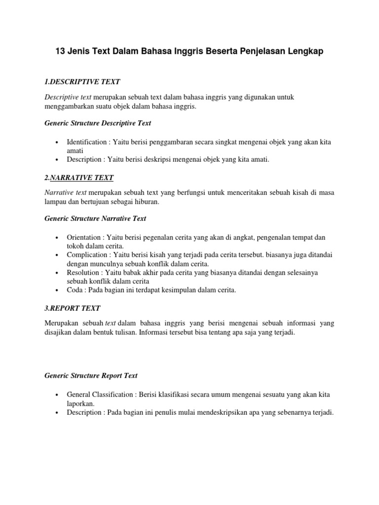 13 Jenis Text Dalam Bahasa Inggris Beserta Penjelasan Lengkap | PDF