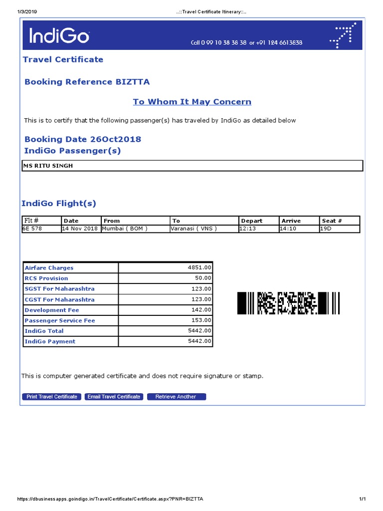 Travel Certificate Itinerary . | PDF