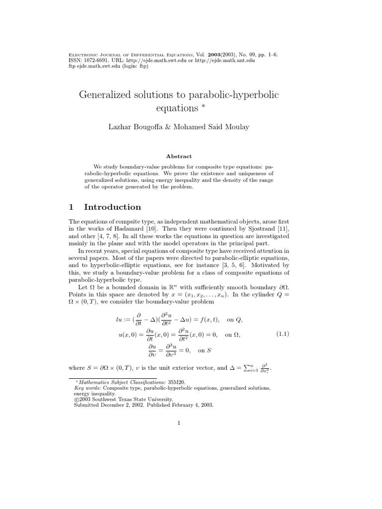 Generalized Solutions To Parabolic-Hyperbolic Equations | PDF ...