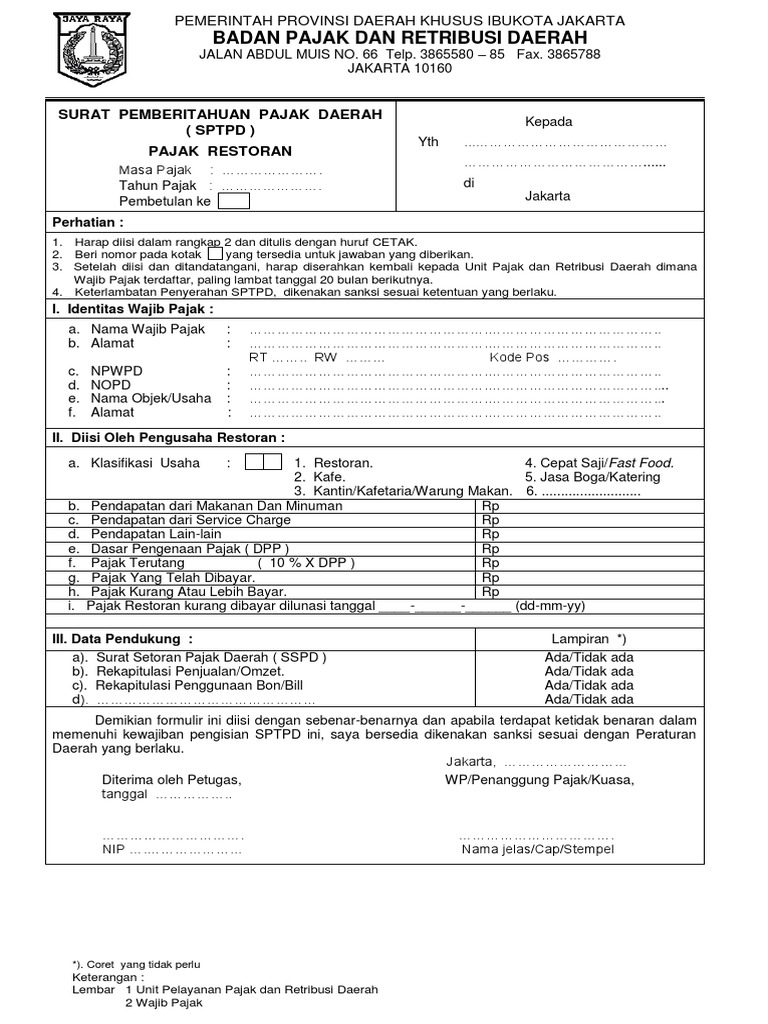 SPTPD Pajak Restoran | PDF