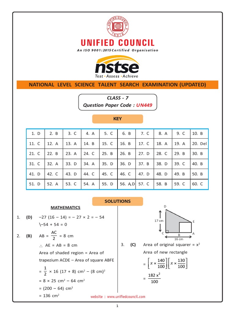 NSTSE Class 07 Solution Paper Code 449 2018 Updated | PDF | Atmosphere Of Earth | Digestion