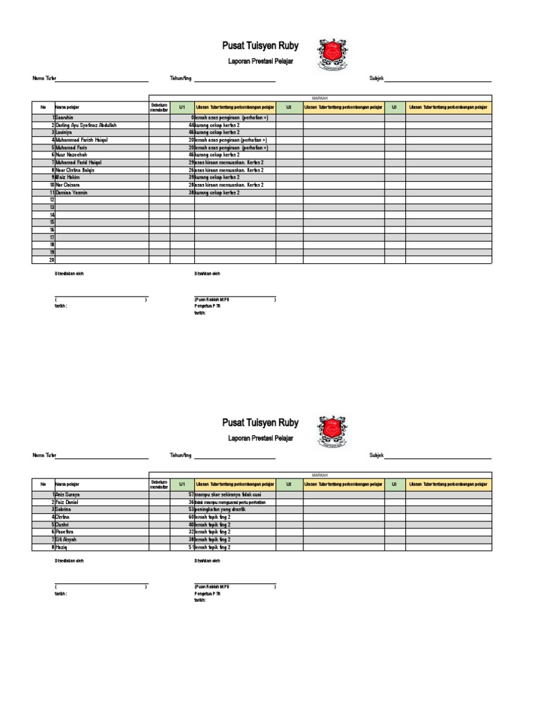 Laporan Prestasi Pelajar PTR | PDF