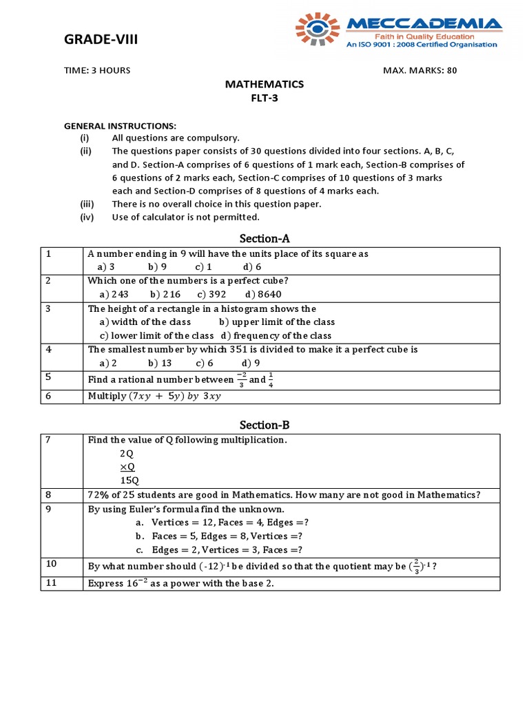 Grade-Viii: Mathematics FLT-3 | PDF | Multiplication | Histogram