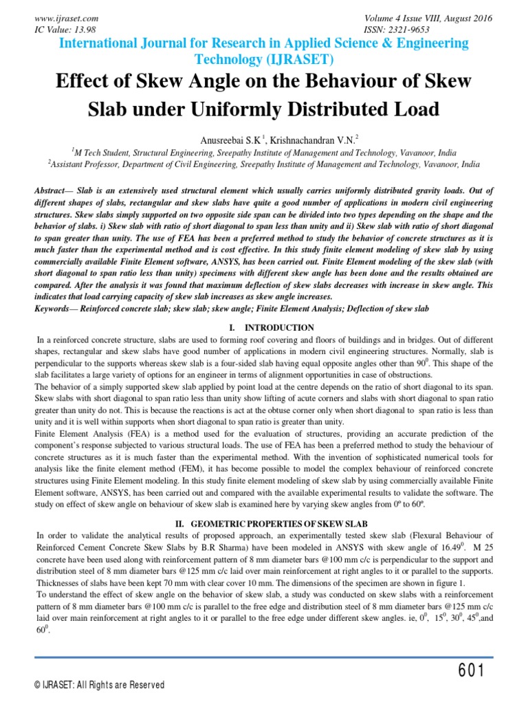 Effect of Skew Angle On The Behaviour of Skew Slab Under Uniformly ...