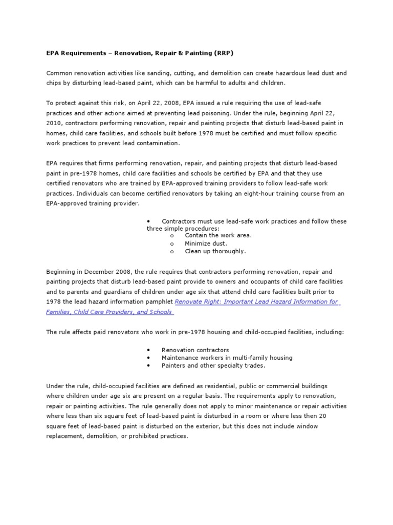 EPA RRP Rule: Lead Safety for Contractors | PDF | Business