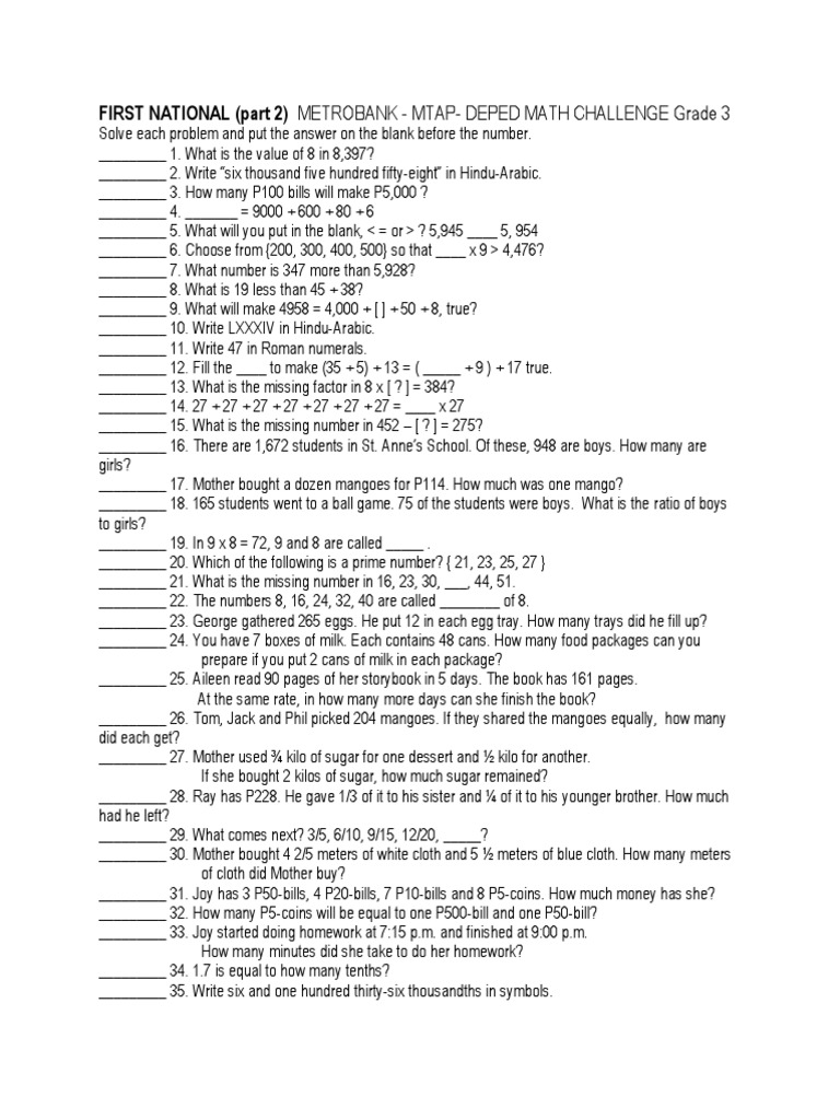 First National (Part 2) Metrobank - Mtap-Deped Math Challenge Grade 3 ...