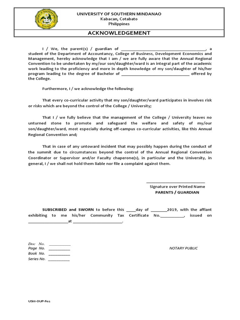 Parent Acknowledgement Form | PDF | Career & Growth | Finance & Money ...