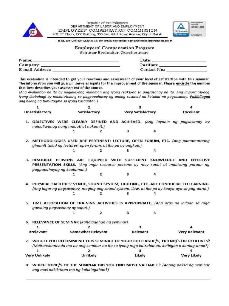 Employees' Compensation Program: Seminar Evaluation Questionnaire | PDF ...