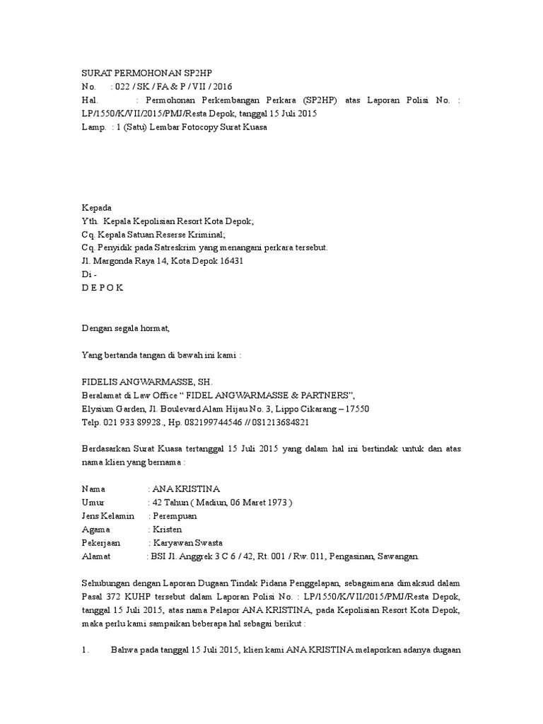 Surat Permohonan SPDP Ke Penyidik | PDF