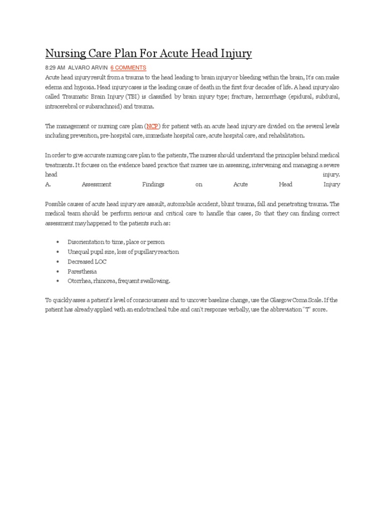 Nursing Care Plan for Acute Head Injury | Traumatic Brain Injury ...