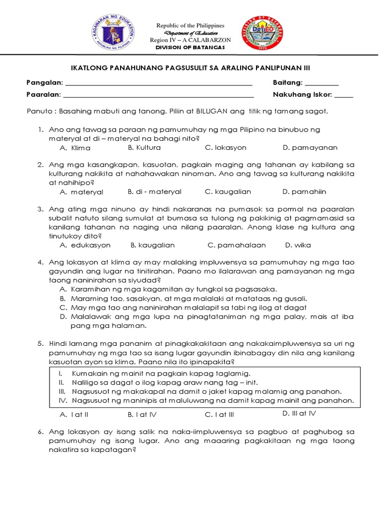 Grade 3 Third Periodic Test 2018 2019 | PDF
