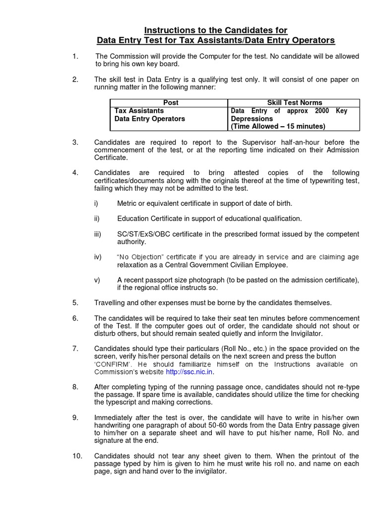 Instructions To The Candidates For Data Entry Test For Tax Assistants ...