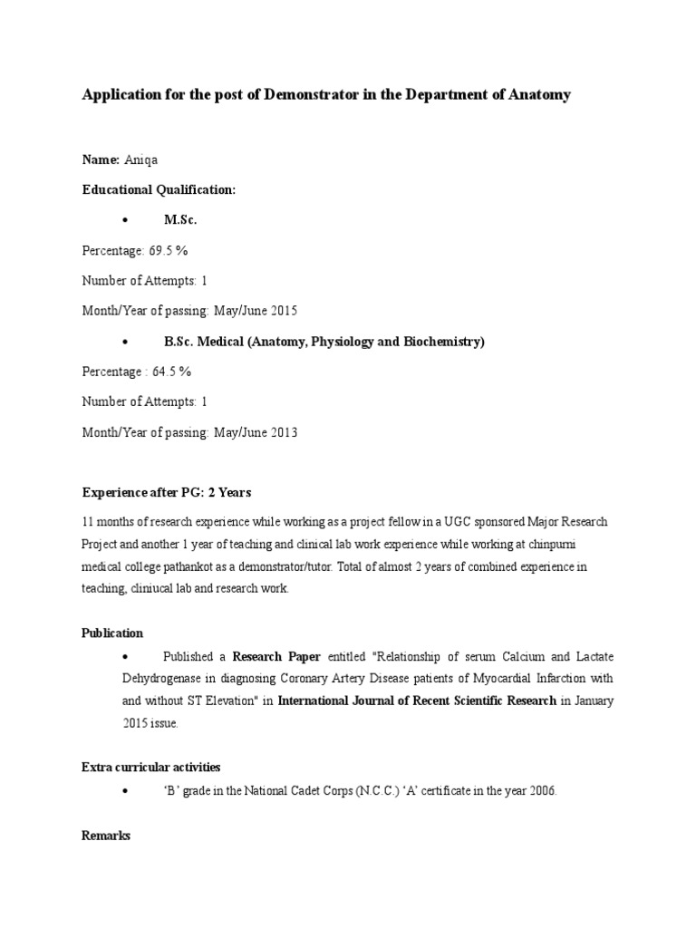 Application For The Post of Demonstrator in The Department of Anatomy | PDF