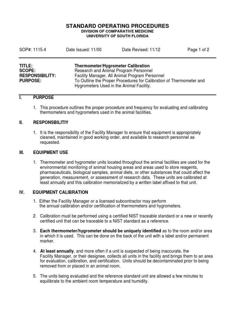 Thermometer and Hygrometer Calibration SOP | PDF | Calibration ...