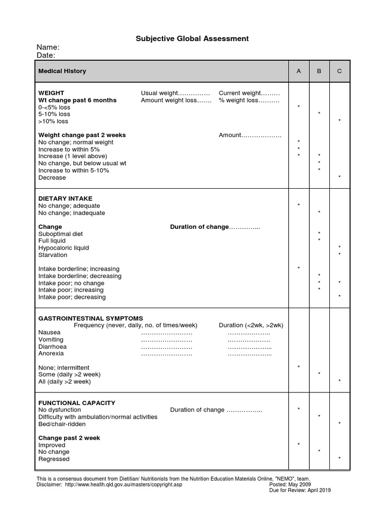 SGA Form | PDF | Weight Loss | Clinical Medicine