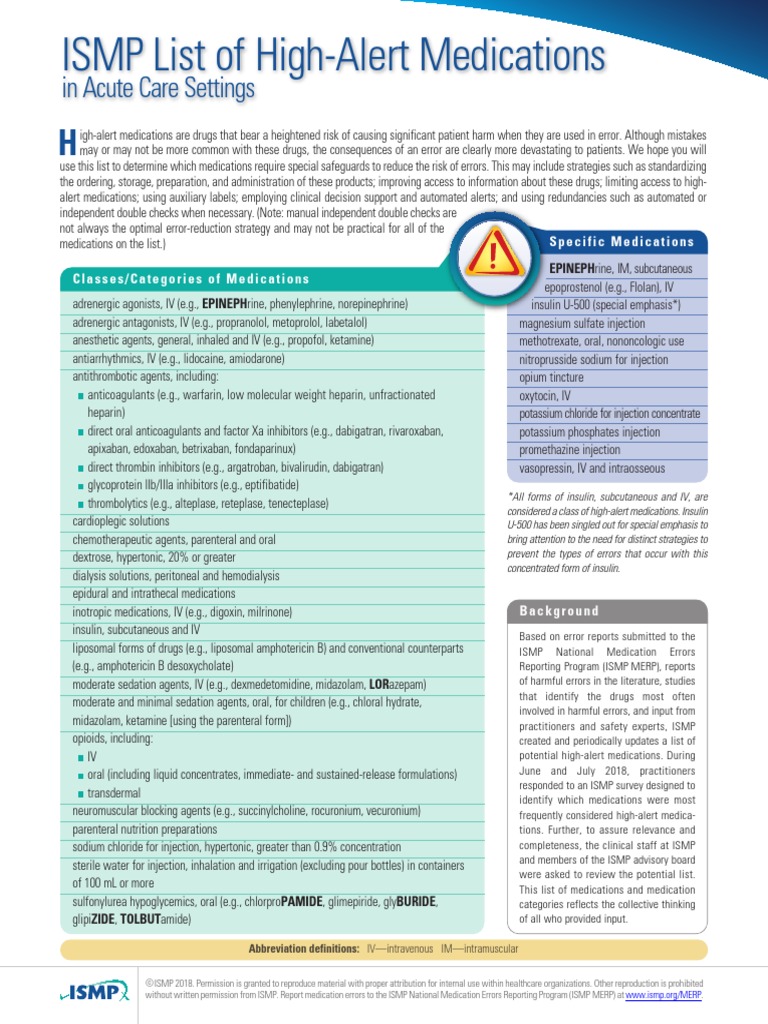 ISMP List of High-Alert Medications: in Acute Care Settings | PDF ...