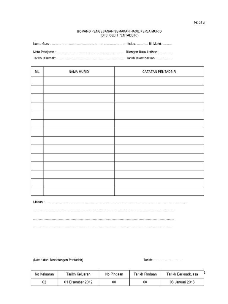 Borang Pk05/1borang Pengesanan Semakan Hasil Kerja Murid | PDF