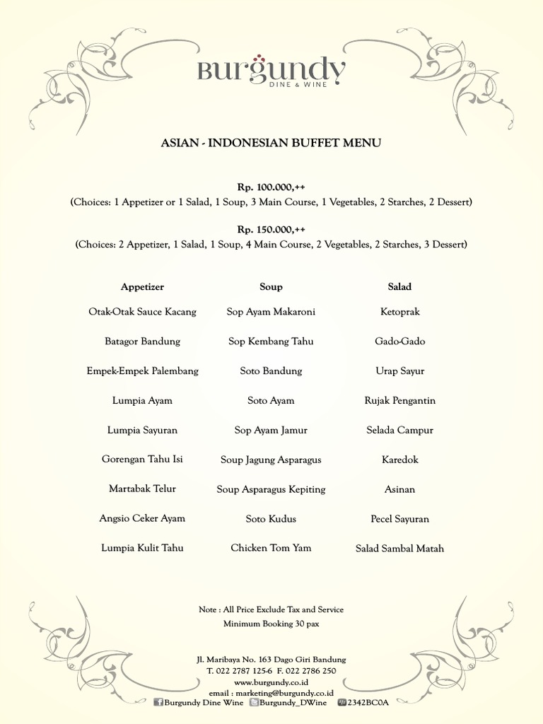 Asian - Indonesian Buffet Menu: Note: All Price Exclude Tax and Service ...
