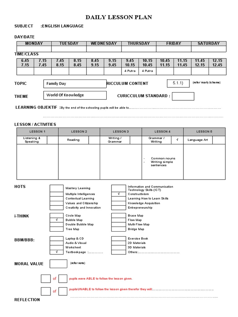 Daily Lesson Plan: Family Day World of Knowledge | PDF | Pedagogy ...