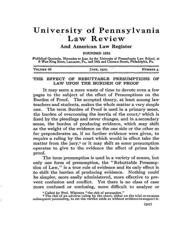 The Effect of Rebuttable Presumptions of Law Upon The Burden of P | PDF ...