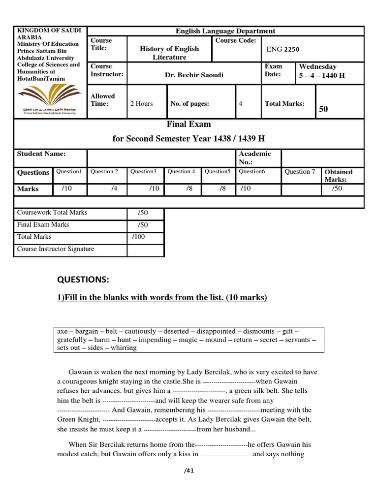 History of Lit - Final Exam | PDF | The Canterbury Tales | Green Knight